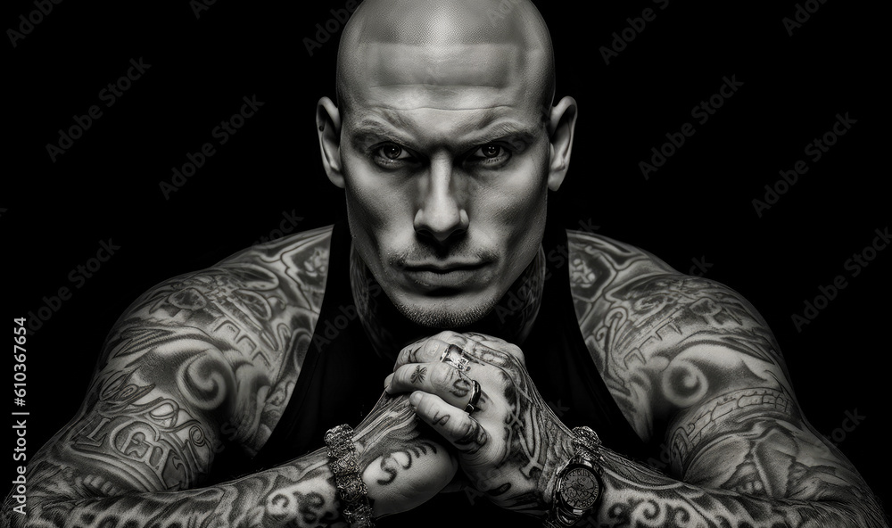 attractive man with tattoos and intimidating look. Man tattooed and ...