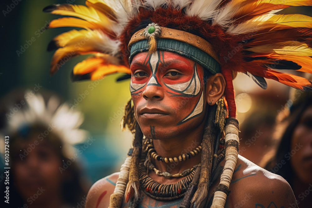 Portrait of indigenous tribe man. Traditional Indian with painted faces ...
