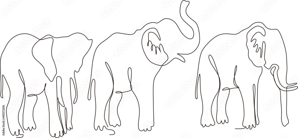 Continuous line drawing vector illustration of animals with elephant ...