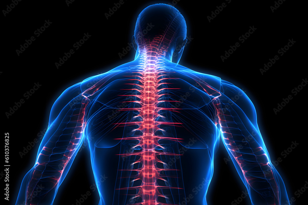 Human spine in x-ray on blue background. The lumbar spine is ...
