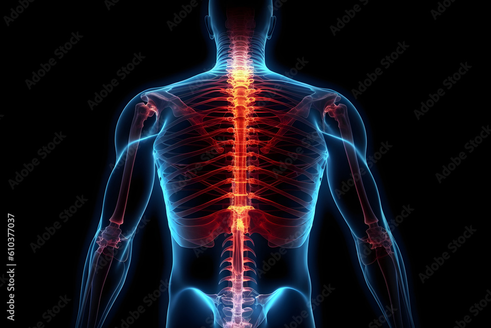 Human spine in x-ray on blue background. The lumbar spine is ...