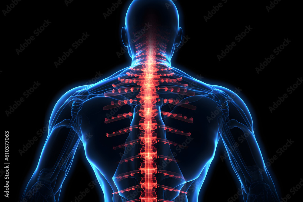 Human spine in x-ray on blue background. The lumbar spine is ...