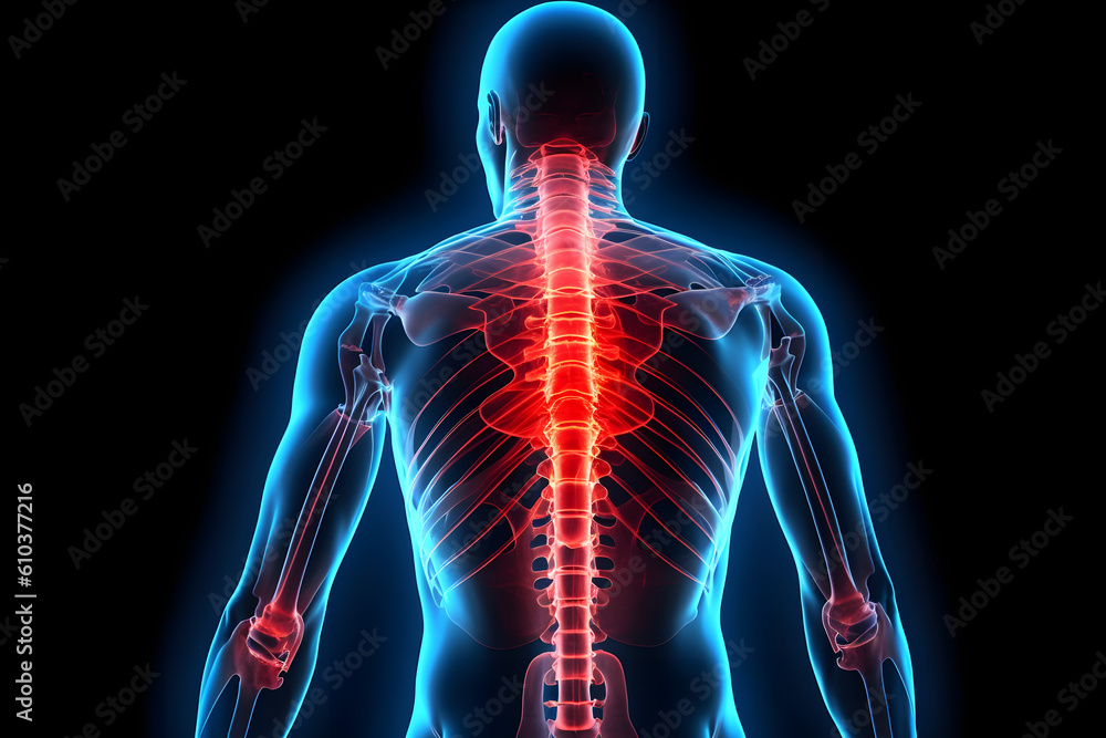 Human spine in x-ray on blue background. The lumbar spine is ...