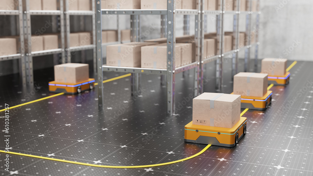 Robots move along the shelves with boxes along the yellow line. AGV ...