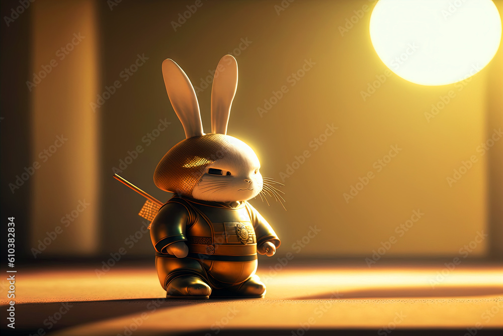 Rabbit samurai toy figure. Japanese styled hare warrior in kimono with ...
