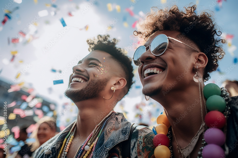 Happy Generative Ai Couple At Lgbtq Gay Pride Parade In New York Usa