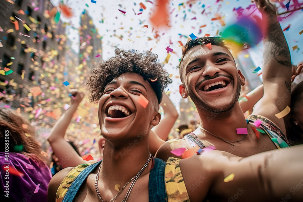 Happy Generative AI Couple at LGBTQ+ Gay Pride Parade in New York, USA ...
