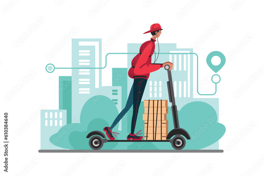 Young courier delivering parcels using scooter. Delivery to pedestrian ...