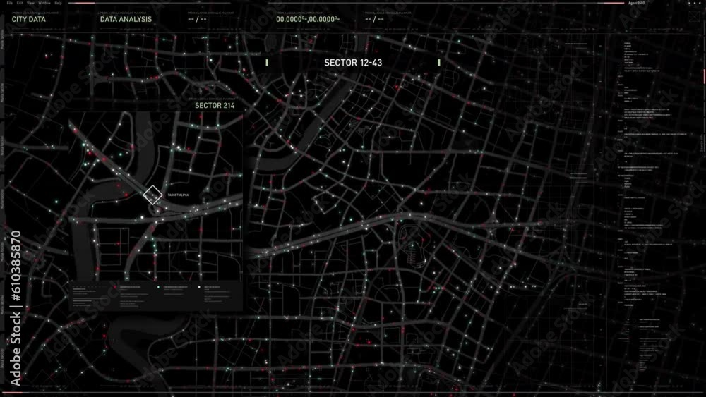 High tech tracking surveillance system scans the city map at night ...