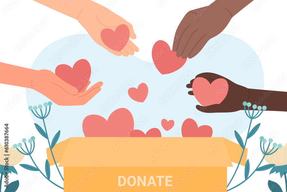 Hands donating and help. People give hearts to donation box flat vector ...