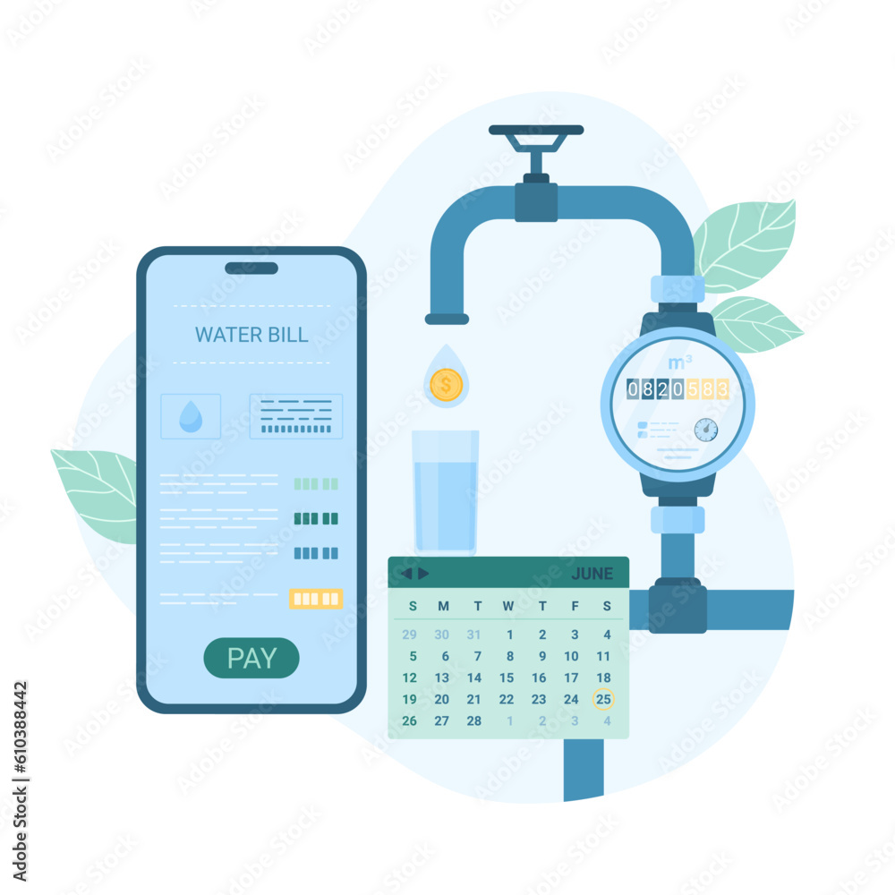Paying of water supply bill vector illustration. Cartoon phone with ...
