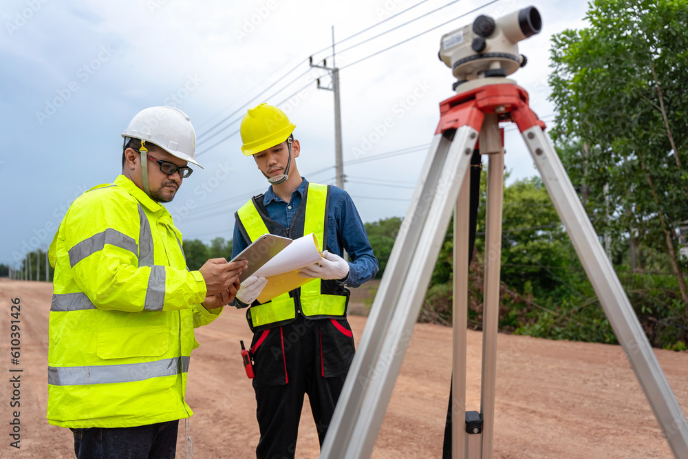 Asian engineer holding tablet to inspect work, as foreman uses ...