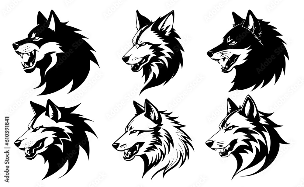 Set of wolf heads with open mouth and bared fangs, with different angry ...