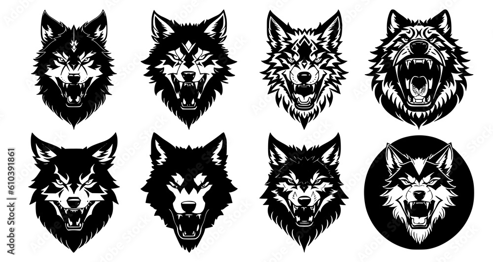 Set of wolf heads with open mouth and bared fangs, with different angry ...