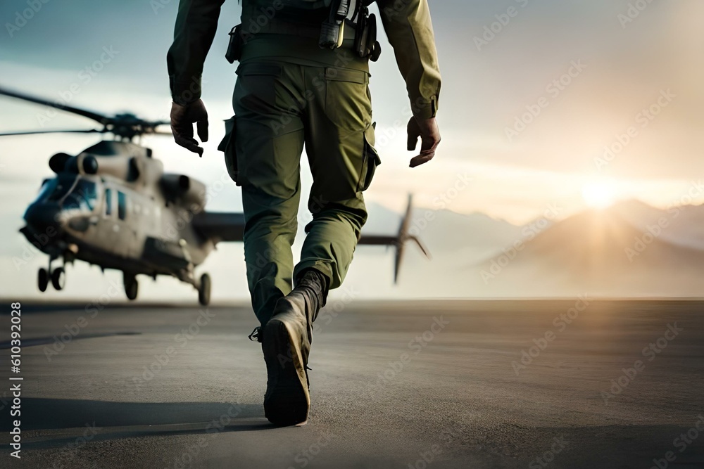 Legs of special forces military soldier walking through battle field ...