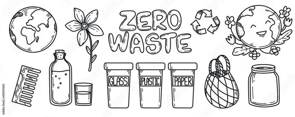 Vector doodle set of zero waste goods. Hand drawn planet earth and eco ...