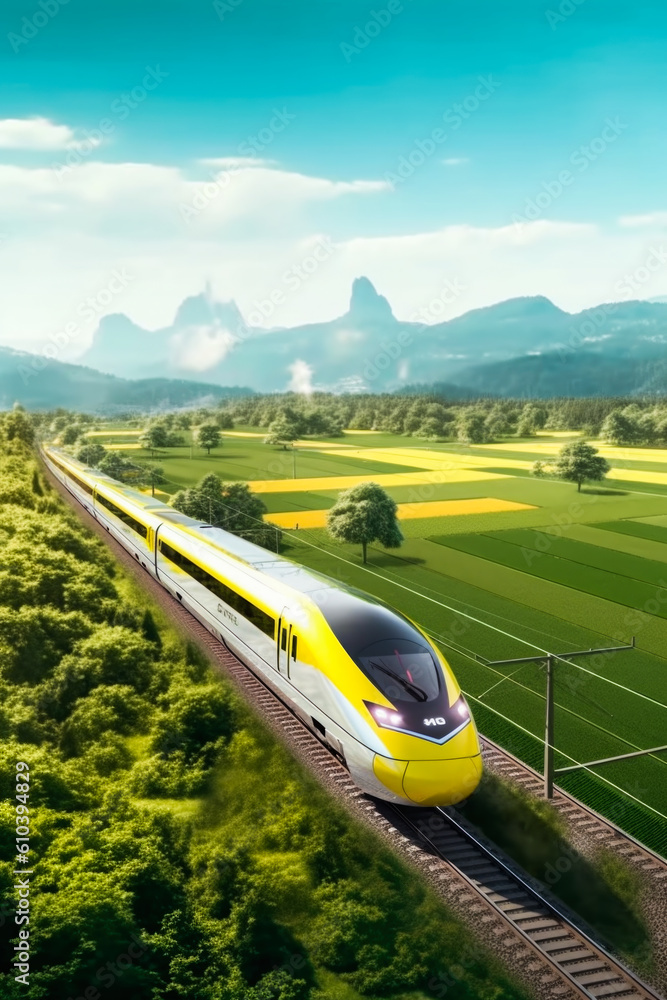 A sustainable journey unfolds: Aerial view captures a high-speed train ...