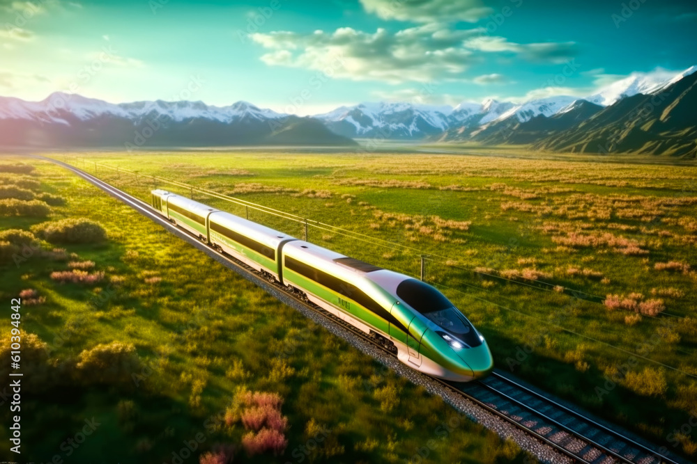A sustainable journey unfolds: Aerial view captures a high-speed train ...