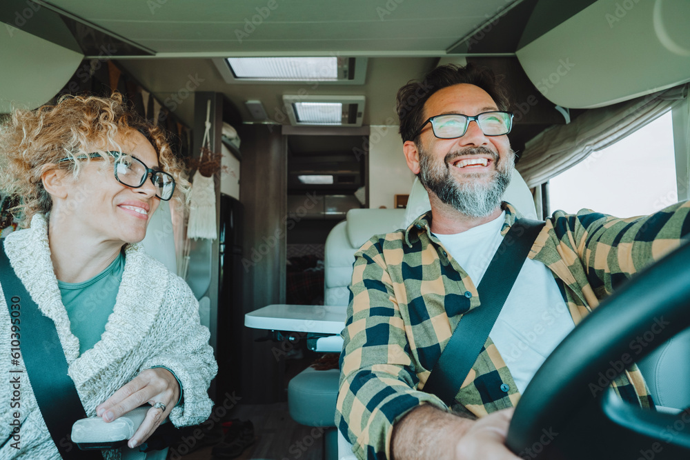 Happy vanlife tourism lifestyle people driving and enjoying vacation ...