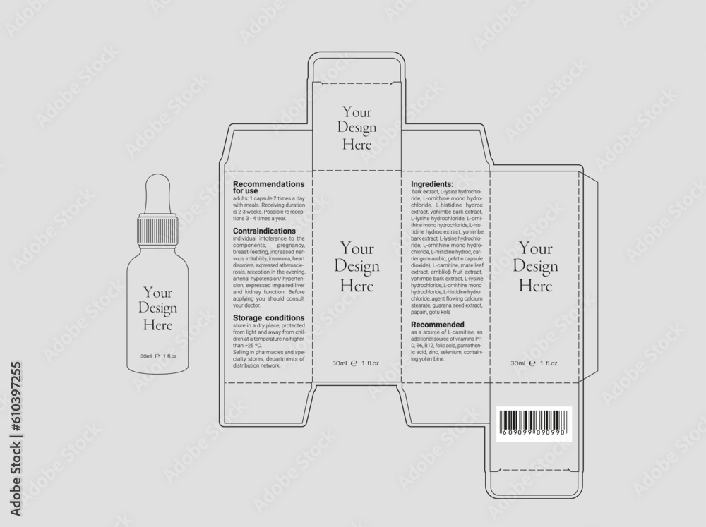 Editable outline vector image of cosmetic bottle and box with dieline ...