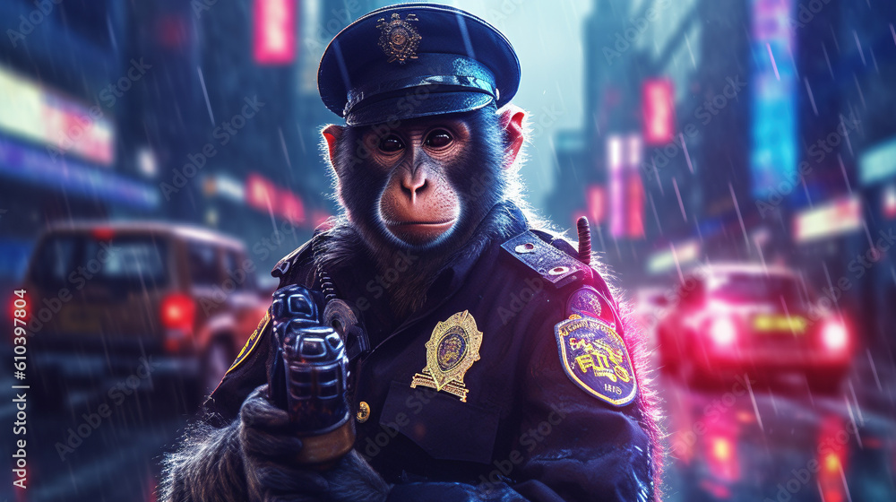 Dedicated monkey police officer patrols city streets, dressed in ...
