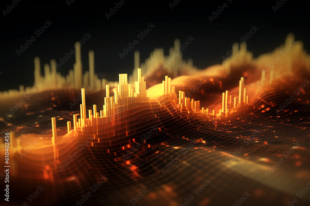 Abstract equities graph with luminous 3D objects in colorful, squiggly ...
