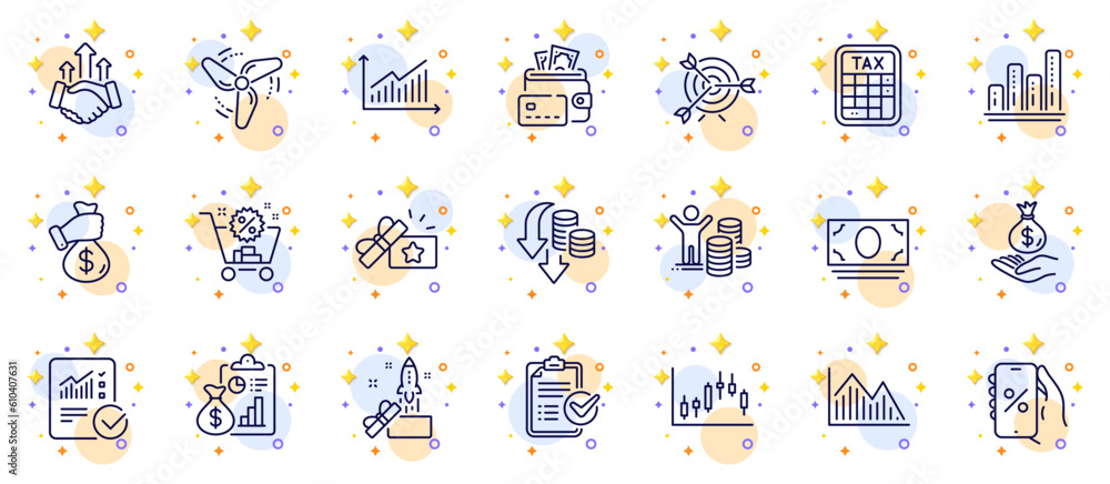 Outline set of Tax calculator, Discounts app and Candlestick graph line ...