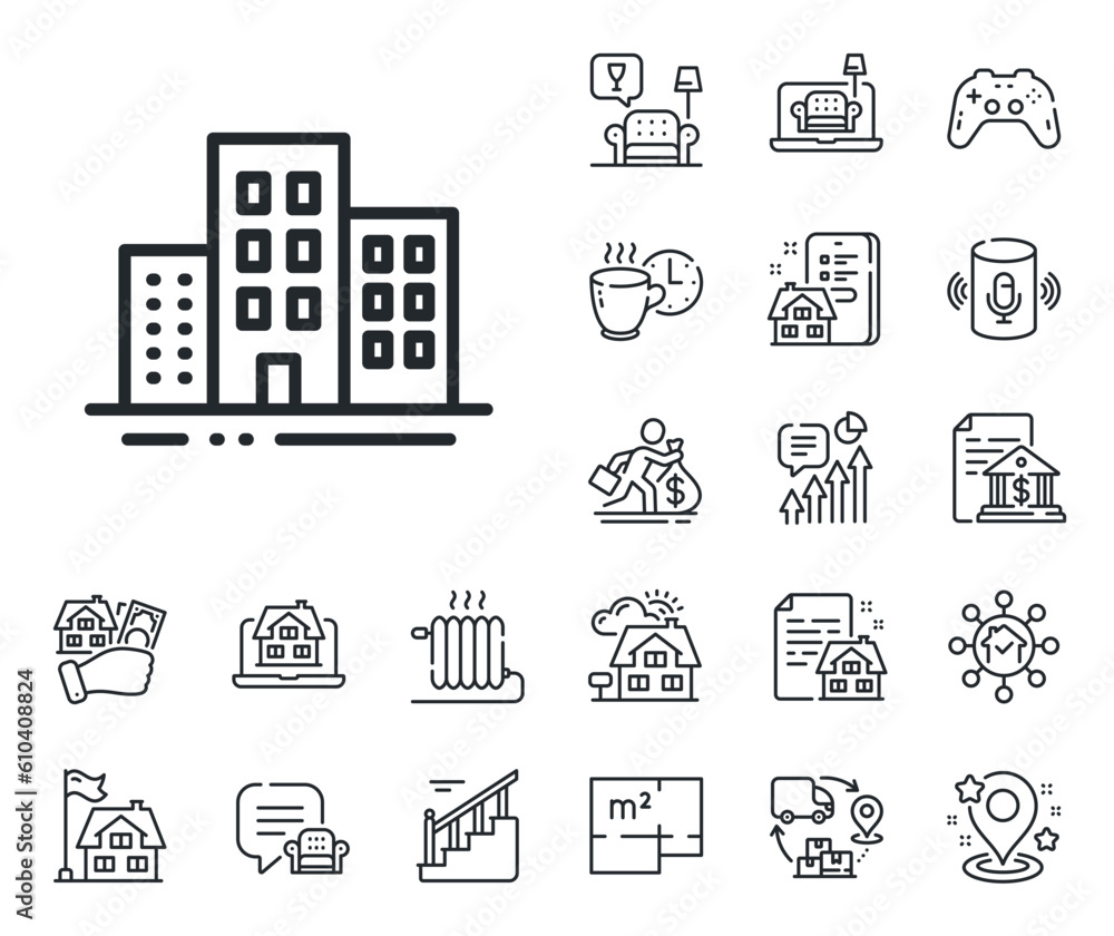 City apartments sign. Floor plan, stairs and lounge room outline icons ...
