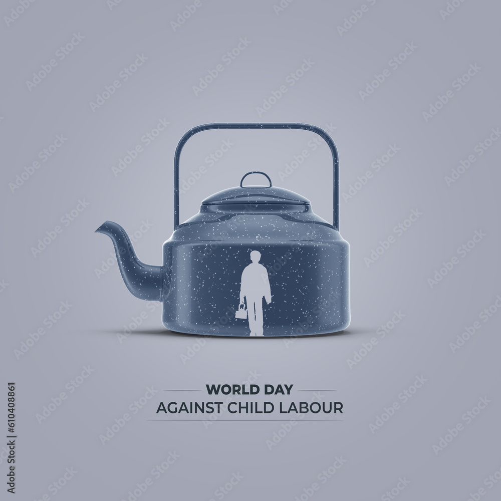 3d kettle inside tea boy represent World Day Against Child Labour. 3d ...