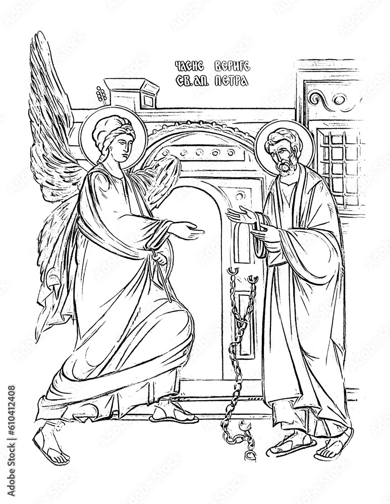 Denial of Peter. Coloring page in Byzantine style on white background ...