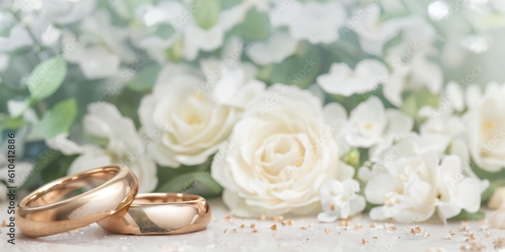 Wedding rings and white roses background. Gold wedding bands banner ...