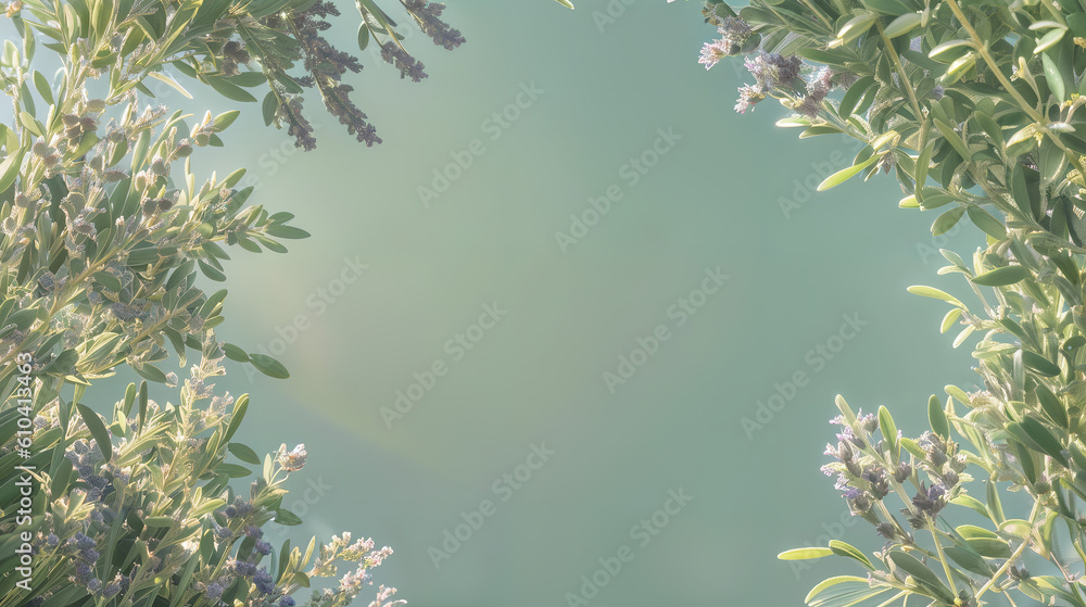 Sage green rustic background with leaves and lavender, banner with copy ...