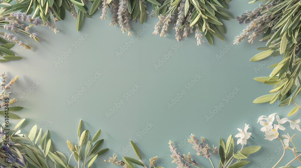 Sage green rustic background with leaves and lavender, banner with copy ...