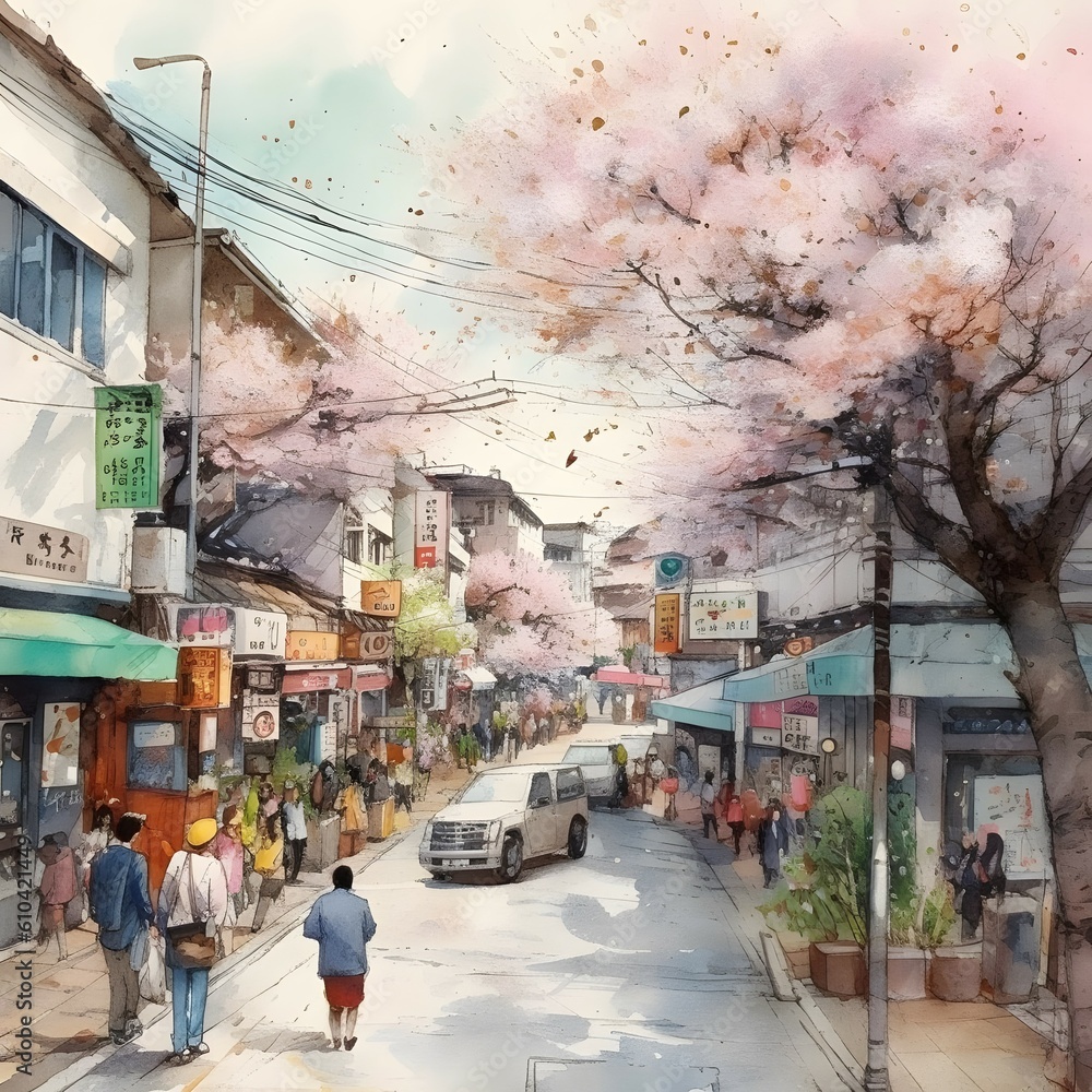 give me gangnam street in korean with a cherry blossom tree covering it ...