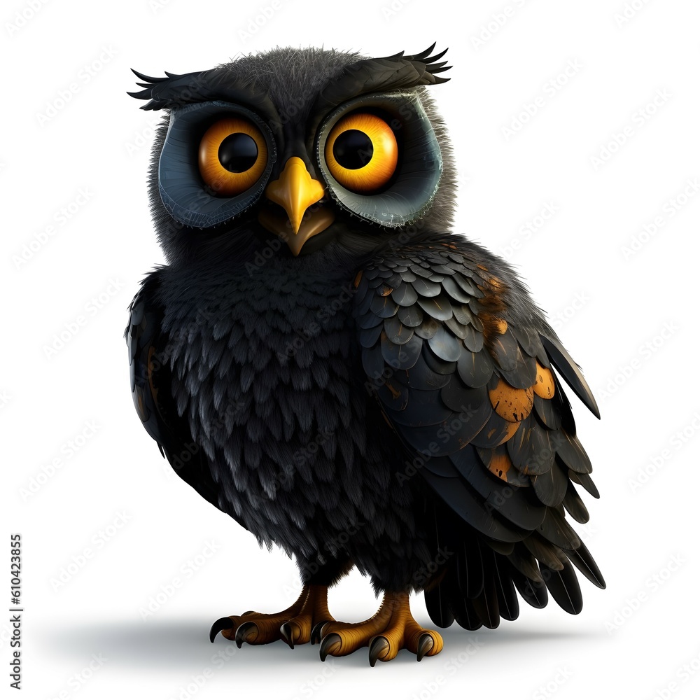 please create pixar style character clipart of owl dressed like a black ...