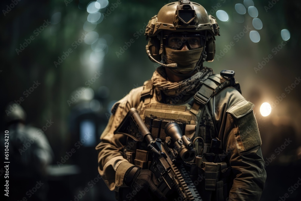Special forces soldier with assault rifle in action. Military ...