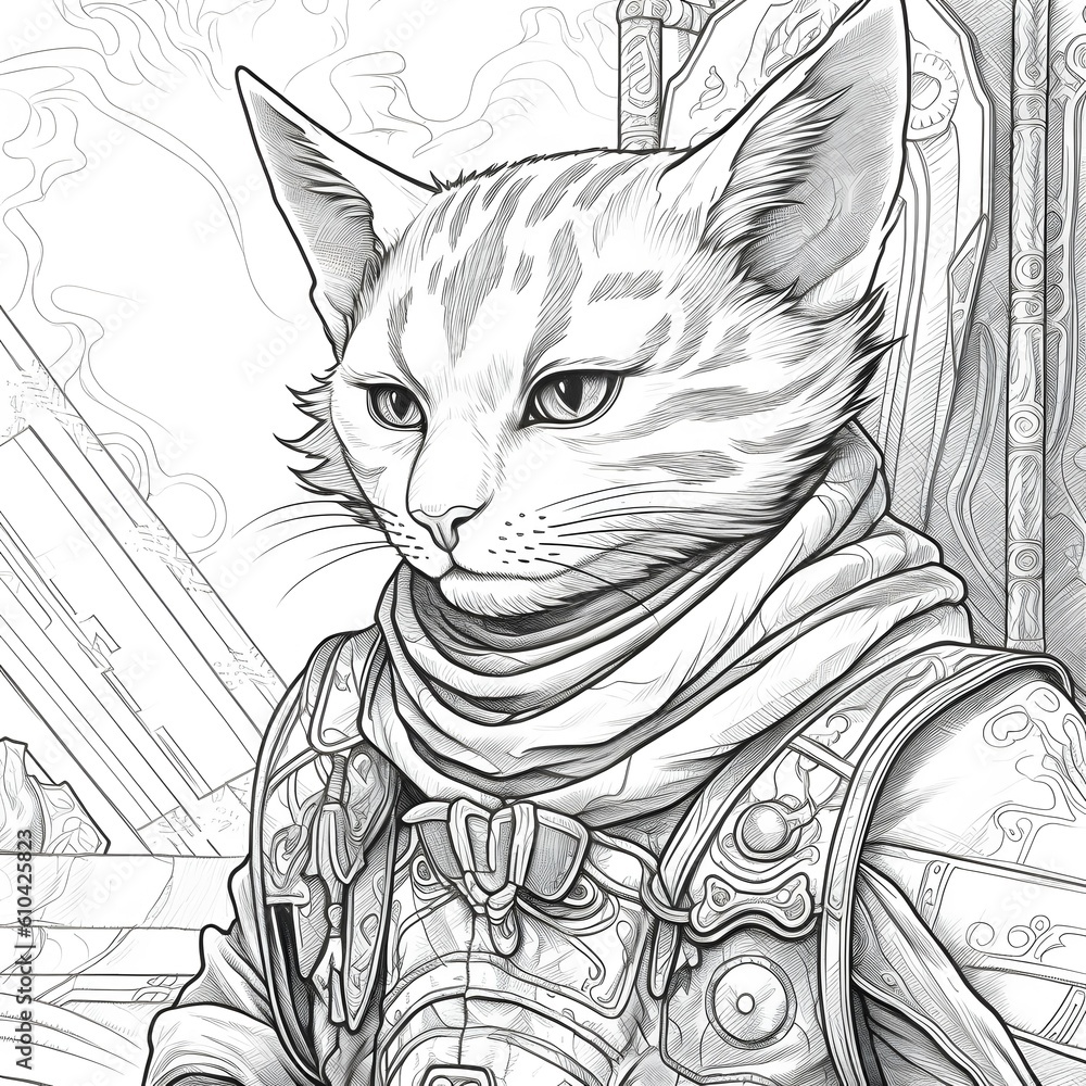 a black and white illustration of a female tabaxi scene from an ...