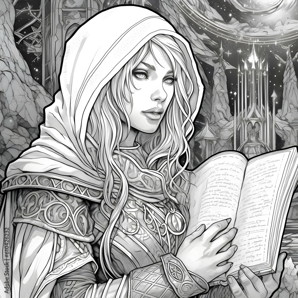 a black and white illustration of a female mage scene from an original ...