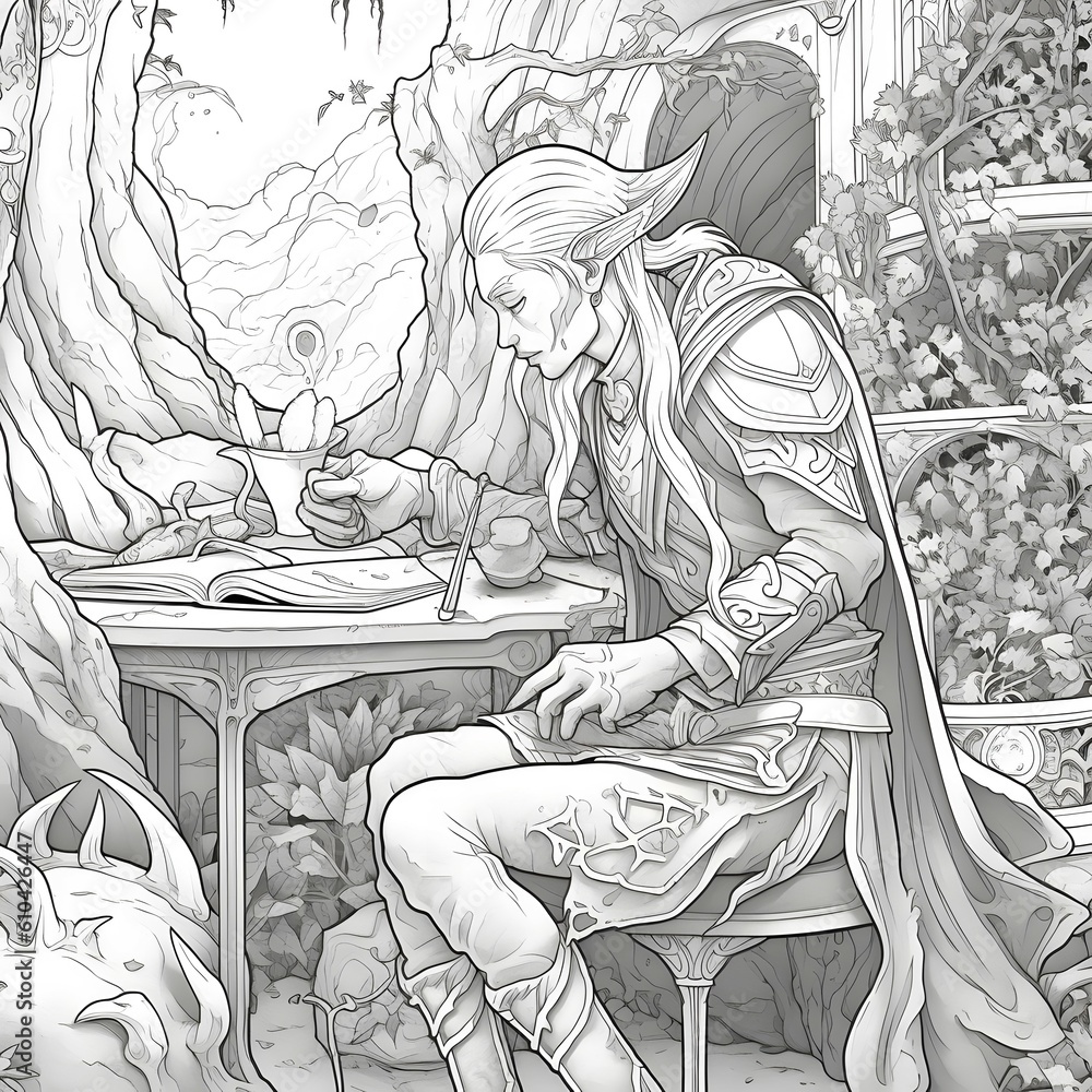 a black and white illustration of an elf scene from an original D D ...