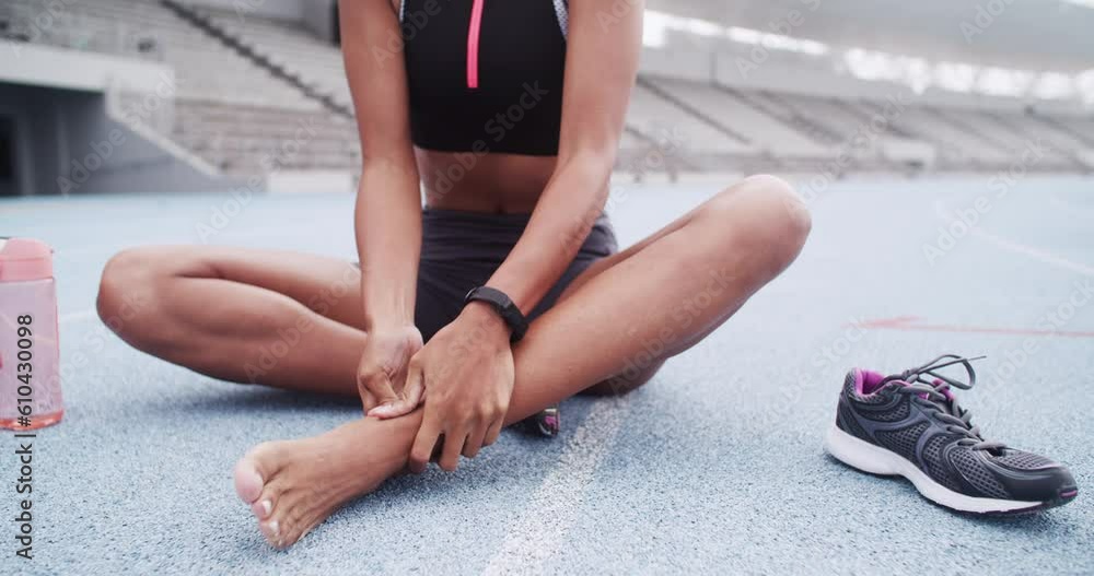 Stockvideo Sports, woman and runner with a foot injury in workout ...