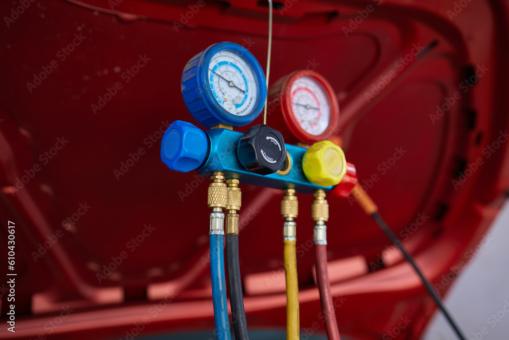 monitor tool on car engine ready to check and fixed car air conditioner ...