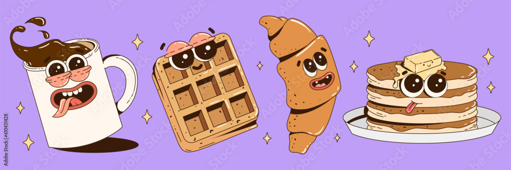 Cute food characters illustration. Funky retro groovy coffee, waffle ...