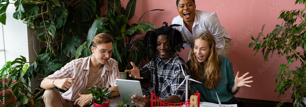 International group of students working on modern urban architecture ...