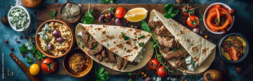 Doner and shawarma product layout, pita stuffing, meat and vegetables ...
