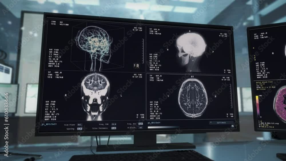 Medical diagnosis scanner examining the head of a sick person. Medical ...