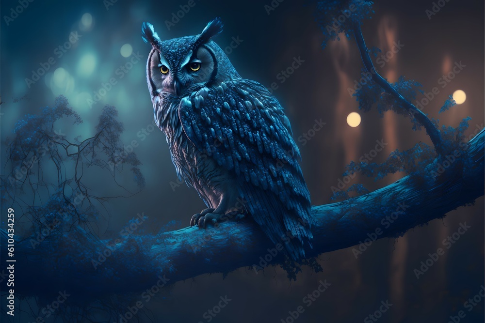 realistic, detailed CGI , owl sitting on a branch of tree in night ...