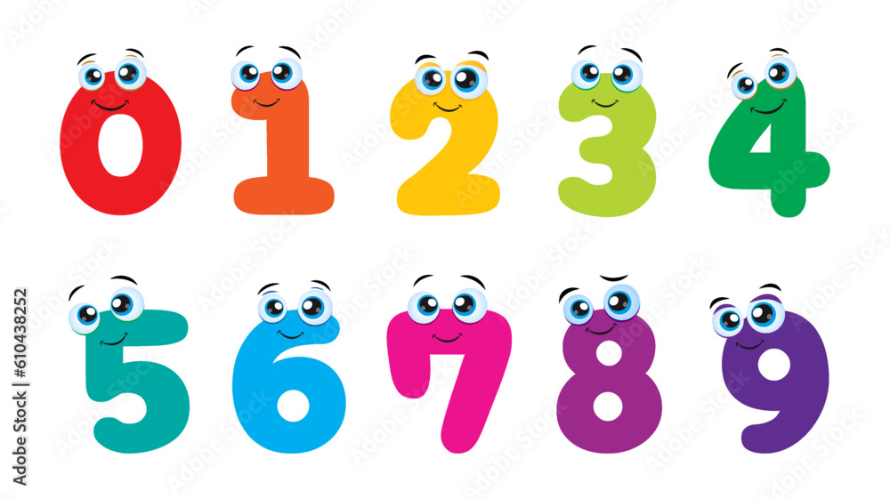Set of Colored funny cute Cartoon Numbers for kids. Vector illustration ...