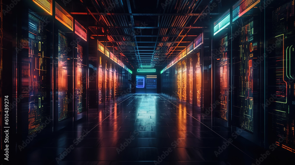 Cyberpunk Data Center Server Room. Network Communication, Server Racks ...
