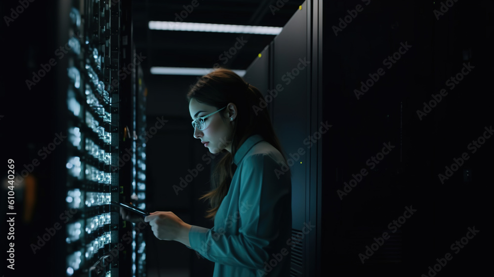 Female Technician Working at Data Center. Management Conducting System ...