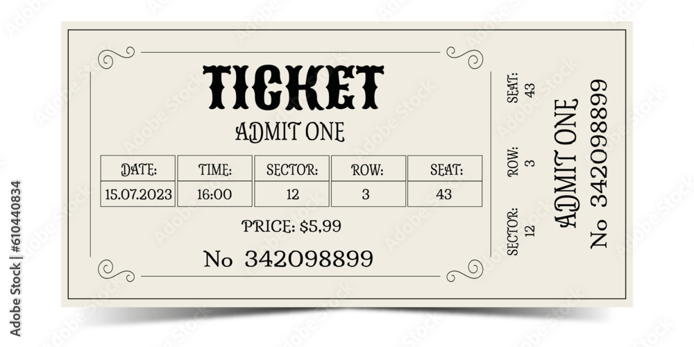 Vintage movie ticket in cmyk, ready to print. Vector illustration Stock ...